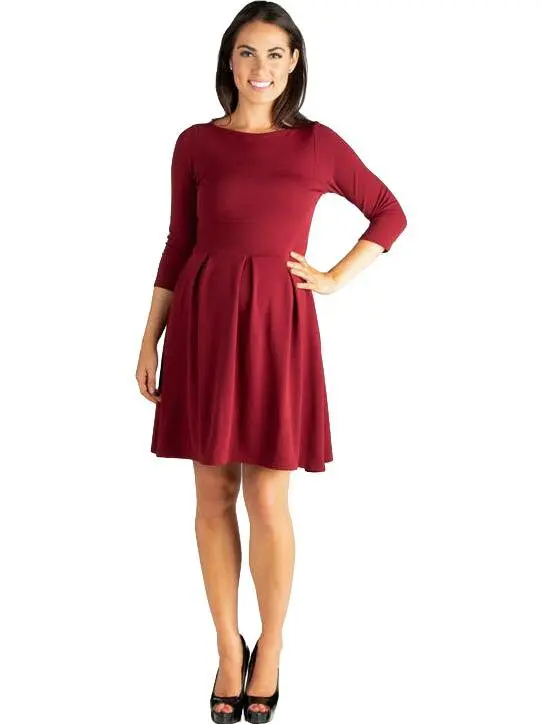 24SEVEN COMFORT APPAREL Maternity Fit And Flare Boatneck Dress - Burgundy
