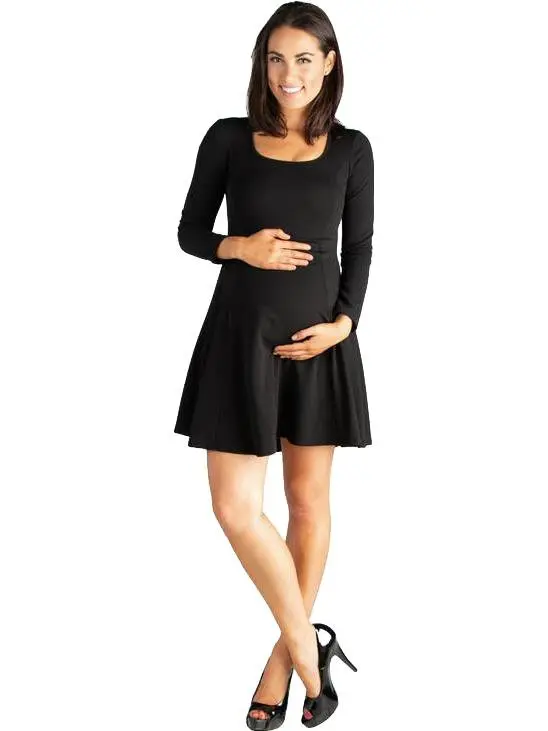 24SEVEN COMFORT APPAREL Long Sleeve Knee Length Maternity Skater Dress - Black