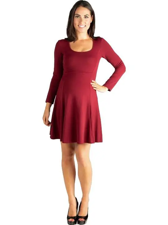 24SEVEN COMFORT APPAREL Long Sleeve Knee Length Maternity Skater Dress - Burgundy