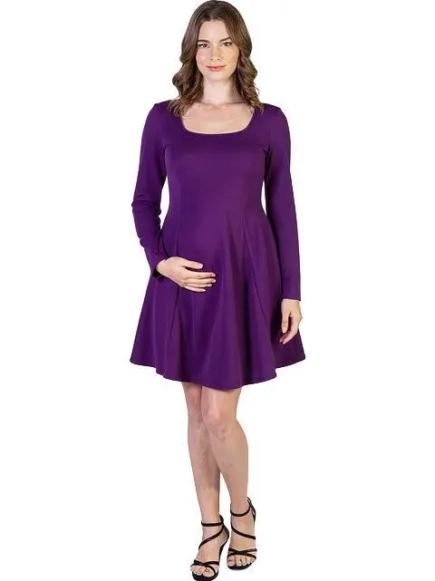 24SEVEN COMFORT APPAREL Long Sleeve Knee Length Maternity Skater Dress - Purple