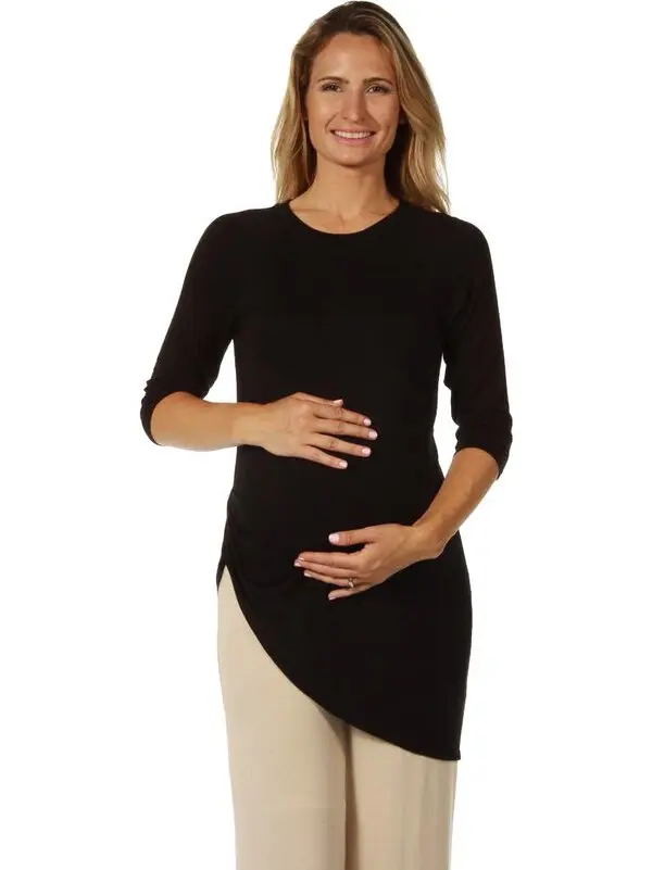 24SEVEN COMFORT APPAREL Long Sleeve Knee Length Asymmetrical Maternity Tunic Top - Black