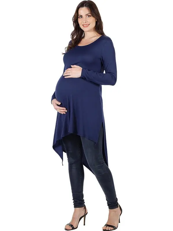 24SEVEN COMFORT APPAREL Long Sleeve Knee Length Asymmetrical Maternity Tunic Top - Navy