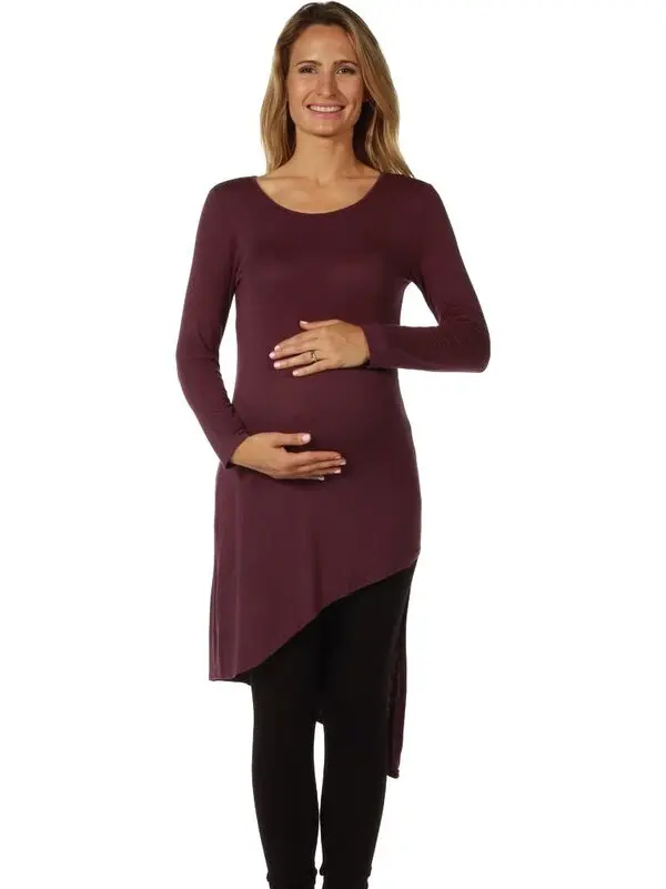 24SEVEN COMFORT APPAREL Long Sleeve Knee Length Asymmetrical Maternity Tunic Top - Plum