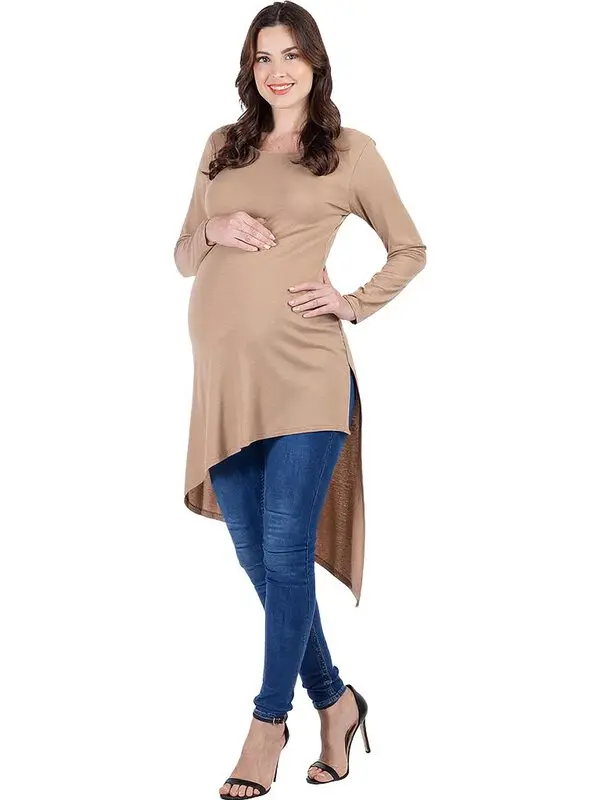 24SEVEN COMFORT APPAREL Long Sleeve Knee Length Asymmetrical Maternity Tunic Top - Taupe