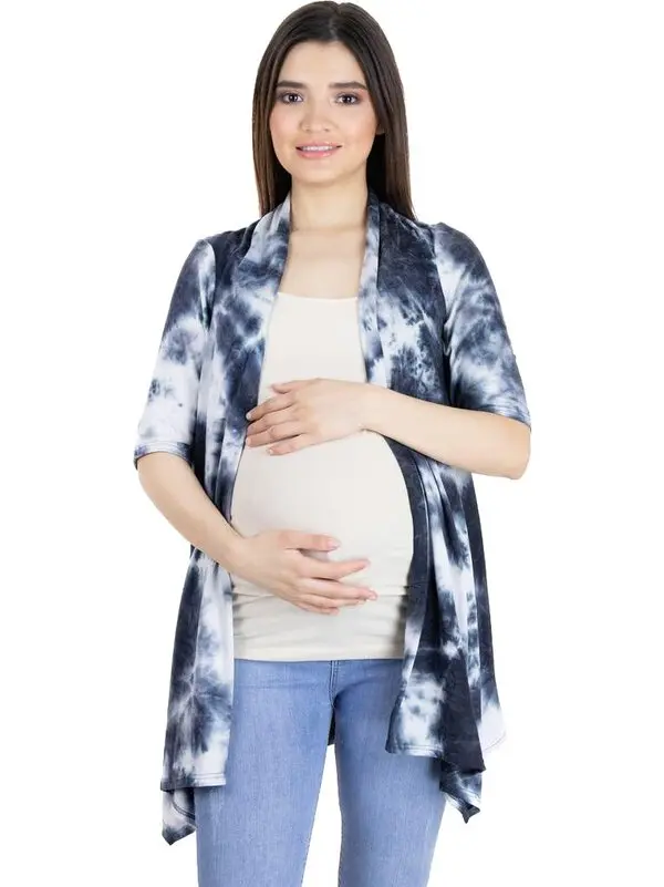 24SEVEN COMFORT APPAREL Tie Dye Elbow Sleeve Open Front Maternity Cardigan - Black Multi