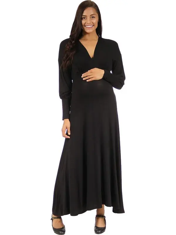 24SEVEN COMFORT APPAREL V-neck Long Sleeve Maternity Maxi Dress - Black