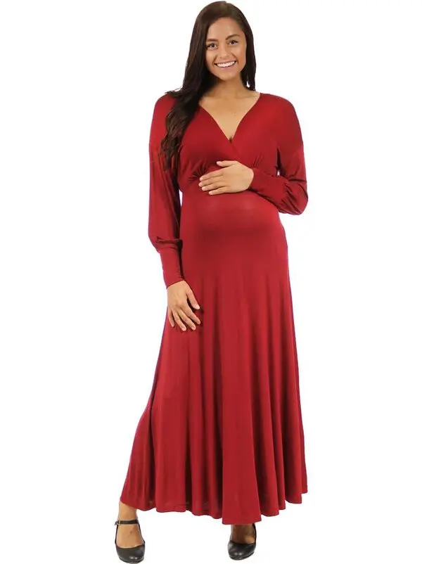 24SEVEN COMFORT APPAREL V-neck Long Sleeve Maternity Maxi Dress - Wine
