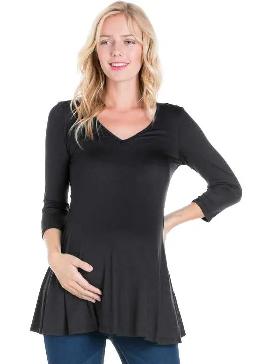 24SEVEN COMFORT APPAREL Three Quarter Sleeve V-neck Maternity Tunic Top - Black