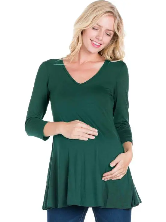 24SEVEN COMFORT APPAREL Three Quarter Sleeve V-neck Maternity Tunic Top - Forest