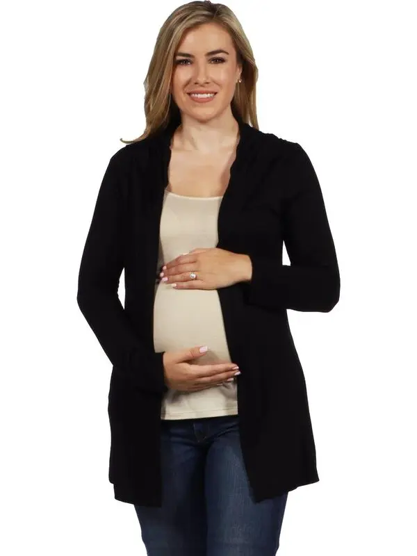24SEVEN COMFORT APPAREL Open Front Lightweight Hooded Maternity Cardigan - Black