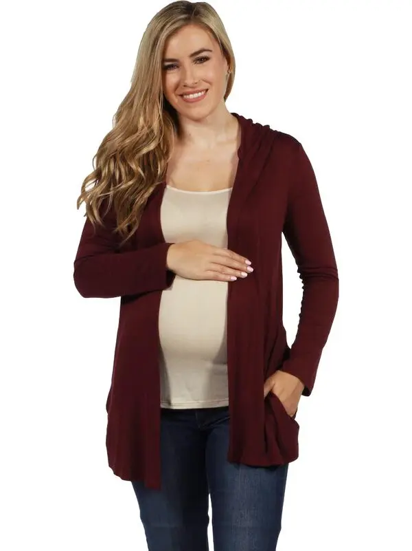 24SEVEN COMFORT APPAREL Open Front Lightweight Hooded Maternity Cardigan - Plum
