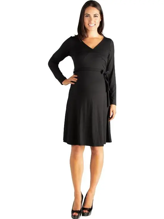 24SEVEN COMFORT APPAREL V-neck Long Sleeve Belted Maternity Dress - Black
