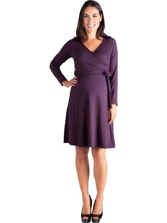 24SEVEN COMFORT APPAREL V-neck Long Sleeve Belted Maternity Dress - Purple