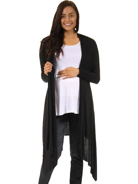 24SEVEN COMFORT APPAREL Extra Long Open Front Maternity Cardigan - Black