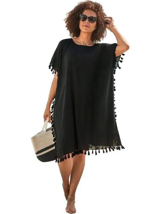 SWIMSUITS FOR ALL Pom Pom Cover Up Tunic - Black