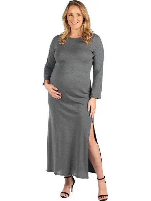 24SEVEN COMFORT APPAREL Long Sleeve Maternity Maxi Dress With Side Slit - Grey
