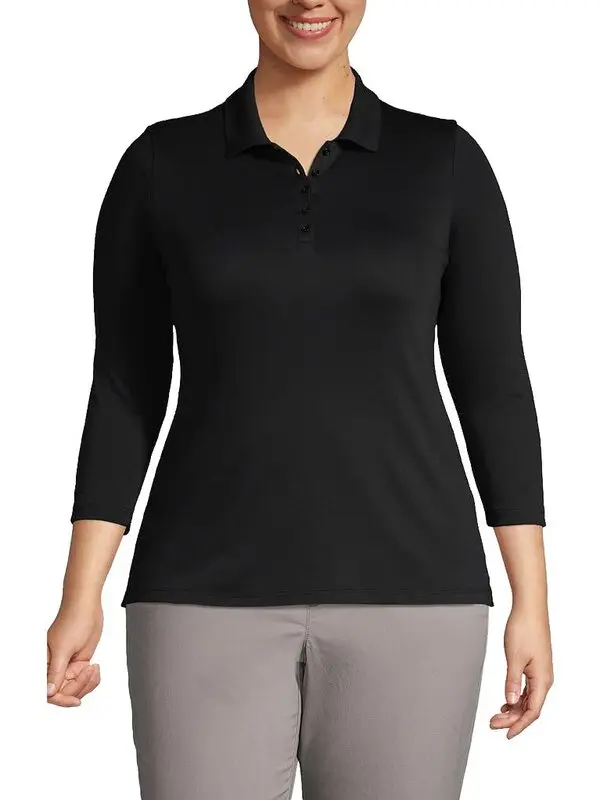 LANDS' END 3/4 Sleeve Supima Cotton Polo Shirt - Black