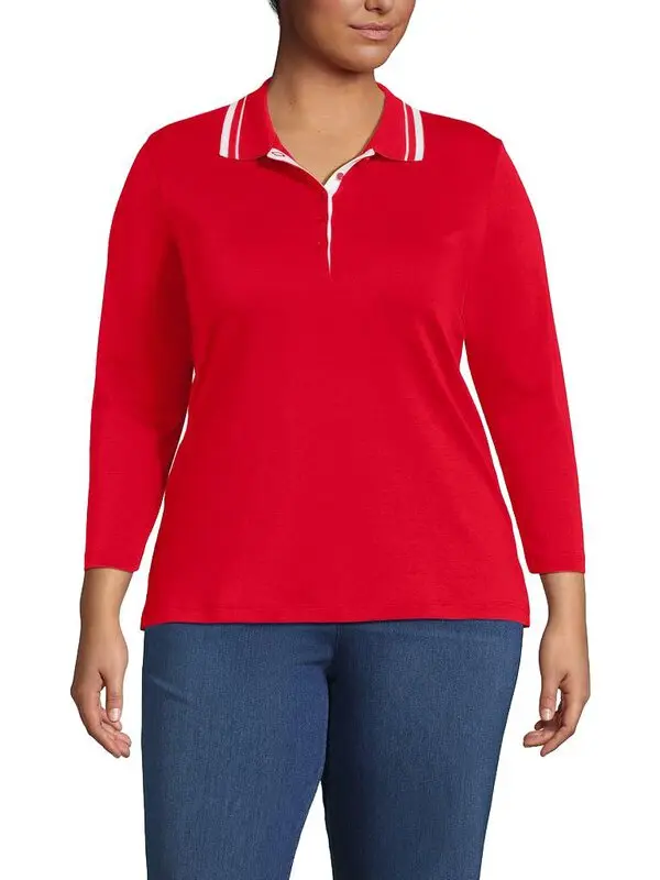 LANDS' END 3/4 Sleeve Supima Cotton Polo Shirt - Compass Red/white