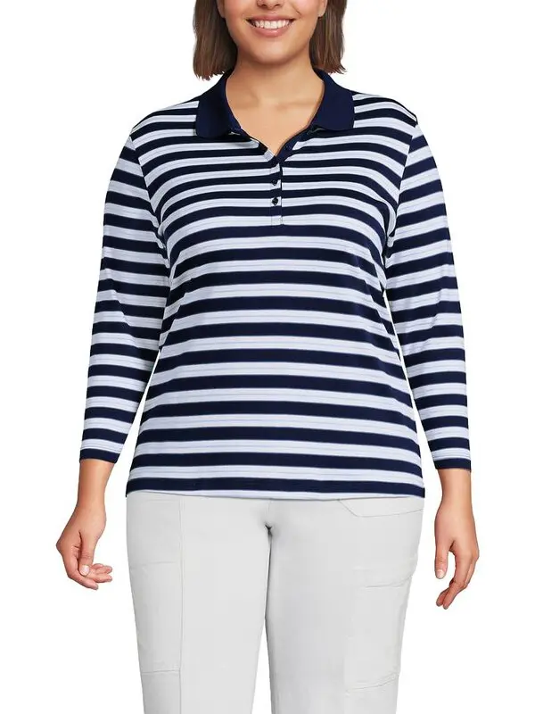 LANDS' END 3/4 Sleeve Supima Cotton Polo - Deep Sea/blue Multi Stripe