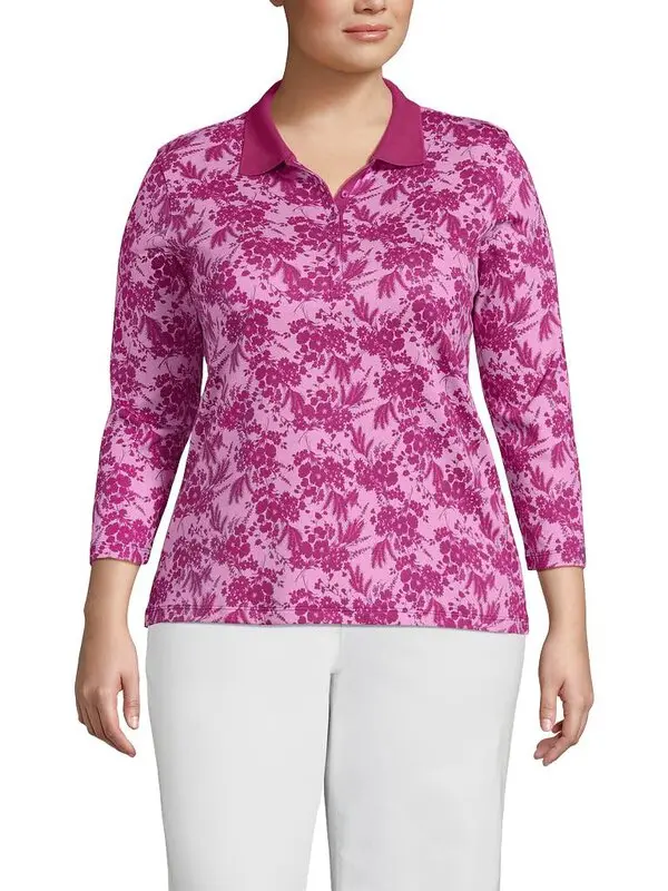 LANDS' END 3/4 Sleeve Supima Cotton Polo Shirt - Pink/raspberry Wildflowers