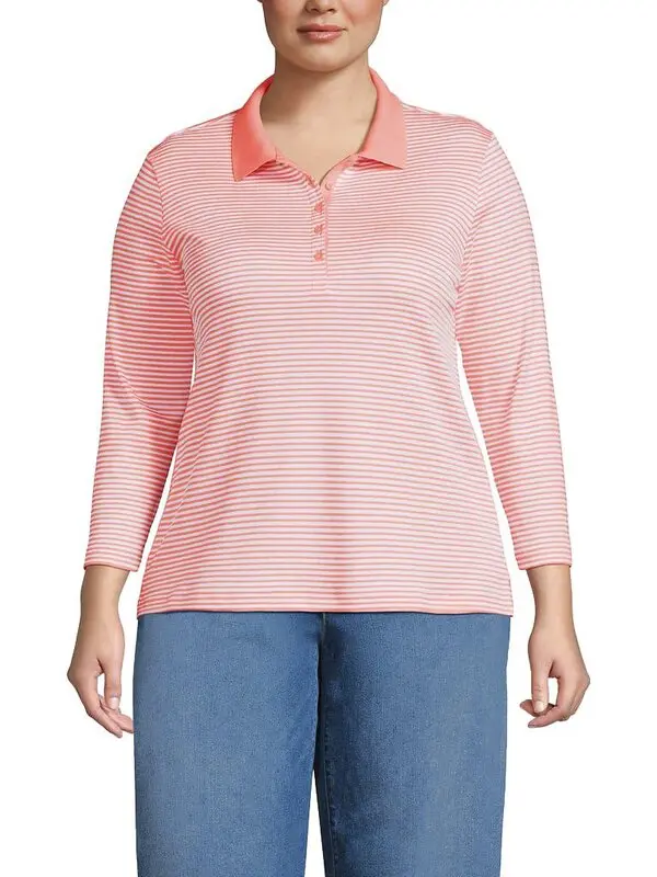 LANDS' END 3/4 Sleeve Supima Cotton Polo Shirt - Sunset Coral Pink Micro Stripe