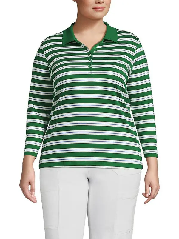 LANDS' END Supima Cotton 3/4 Sleeve Polo Shirt - Vibrant Clover Multi Stripe