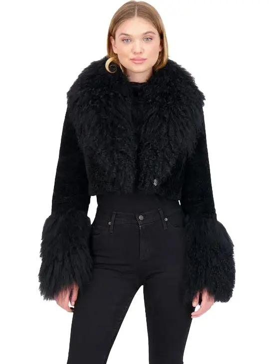 Gorski Shearling Bolero With Shearling Collar And Cuffs - Black