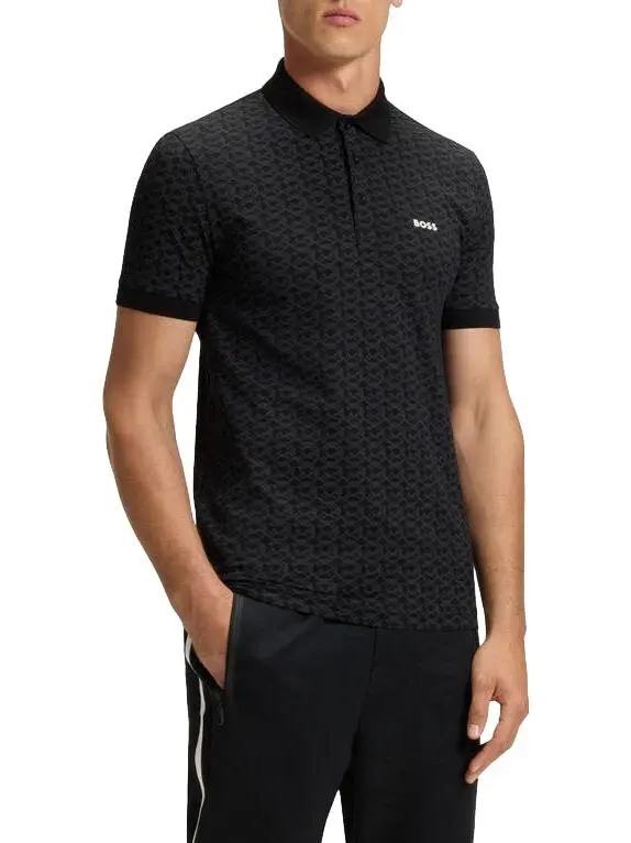 BOSS Paddy Geo Print Cotton Polo - Black