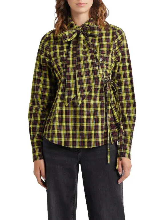 DAMSON MADDER Robyn Tartan Organic Cotton Wrap Shirt - Yellow