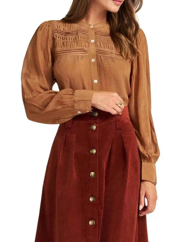 Matty M. Andie Pleated Yoke Button-up Shirt - Toffee