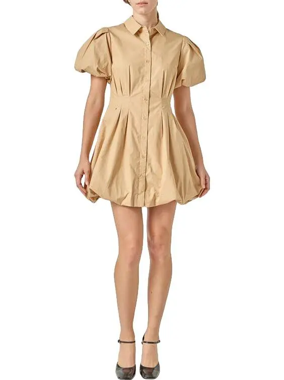 English Factory Puff Sleeve Cotton Mini Shirtdress Bubble Hem - Tan