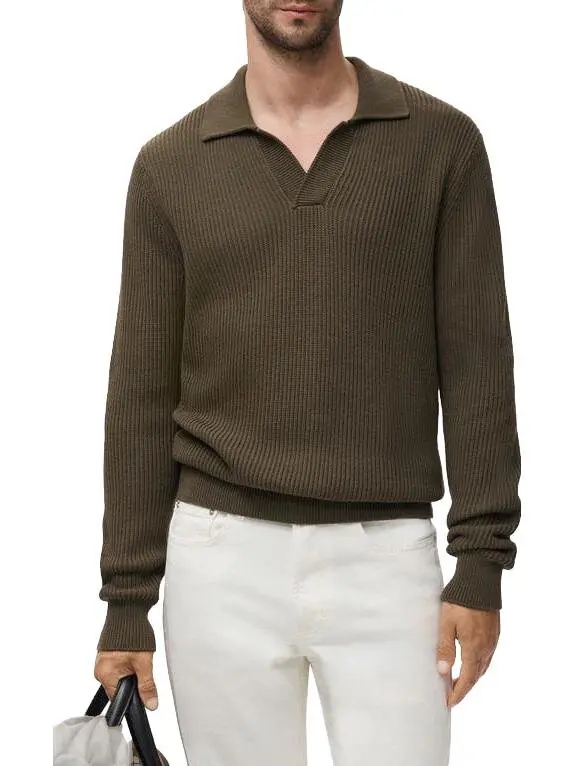 Mango Structured Cotton Polo Sweater - Olive Green