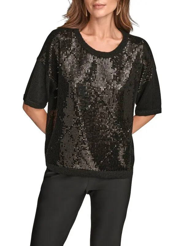 Donna Karan New York Sequin Embellished Short Sleeve Sweater - Black
