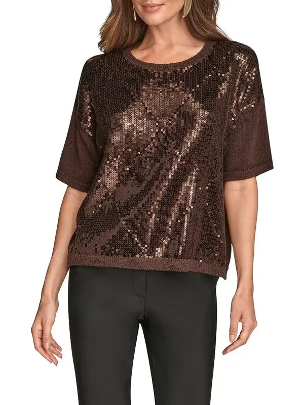 Donna Karan New York Sequin Embellished Short Sleeve Sweater - Chocolate