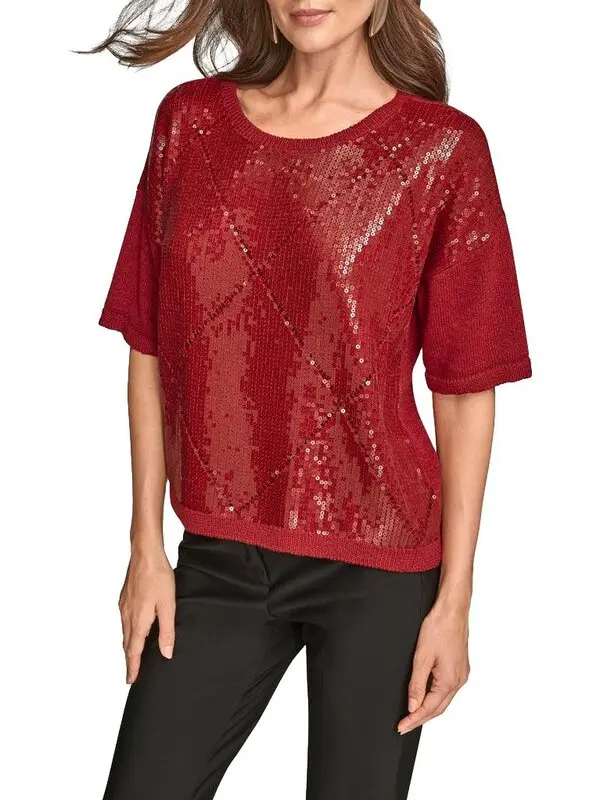 Donna Karan New York Sequin Embellished Short Sleeve Sweater - Metropolitan Red
