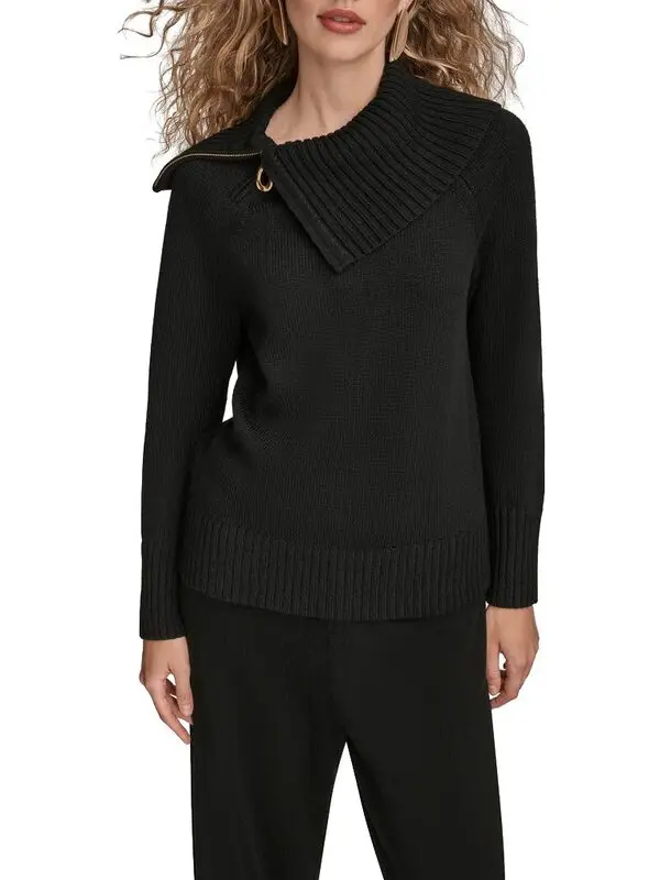 Donna Karan New York Asymmetric Zip Collar Sweater - Black