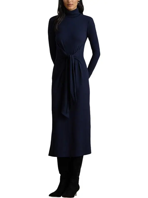 Ralph Lauren Turtleneck Tie Waist Long Sleeve Midi Dress - Lighthouse Navy