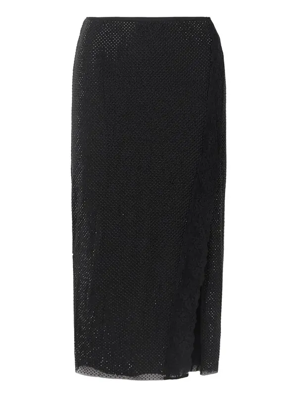 SELF-PORTRAIT Crystal-embellished Lace-trimmed Mesh Midi Skirt - Black