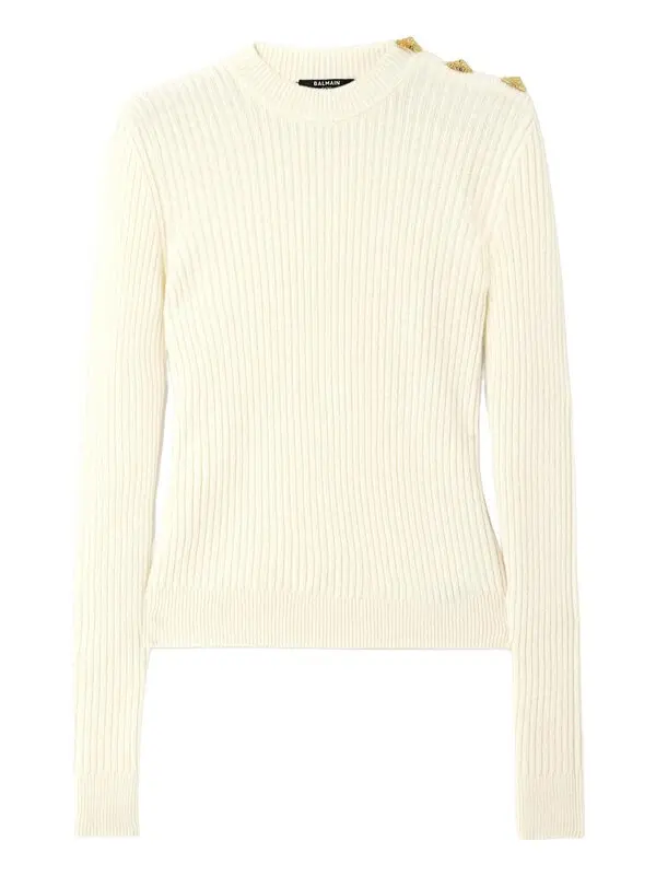 Balmain Button-embellished Ribbed Wool And Cashmere-blend Sweater - Neutrals