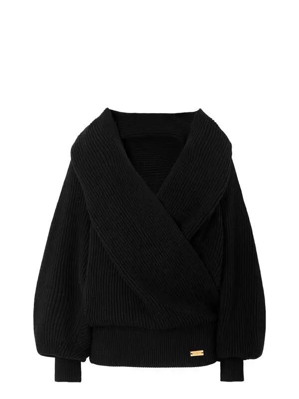Balmain Wrap-effect Ribbed Wool Hoodie - Black