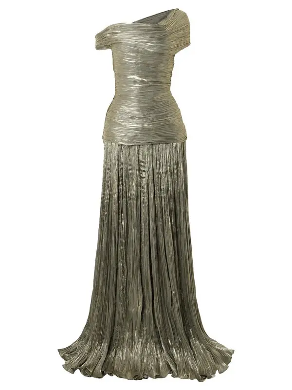 MARMAR HALIM Off-the-shoulder Ruched Metallic Plissé-chiffon Gown - Gold