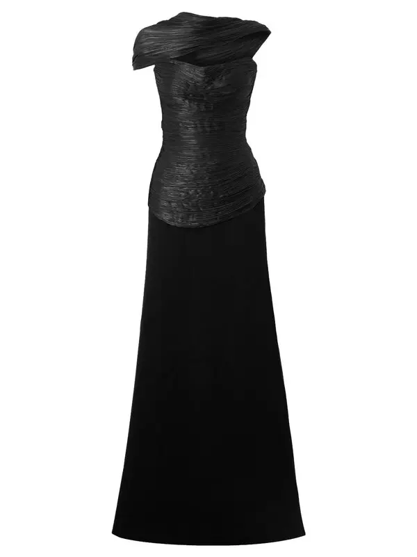 MARMAR HALIM Strapless Plissé-satin And Crepe Gown With Cape - Black