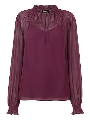 Whistles Tie-neck Long-sleeve Sheer Woven Blouse - Purple