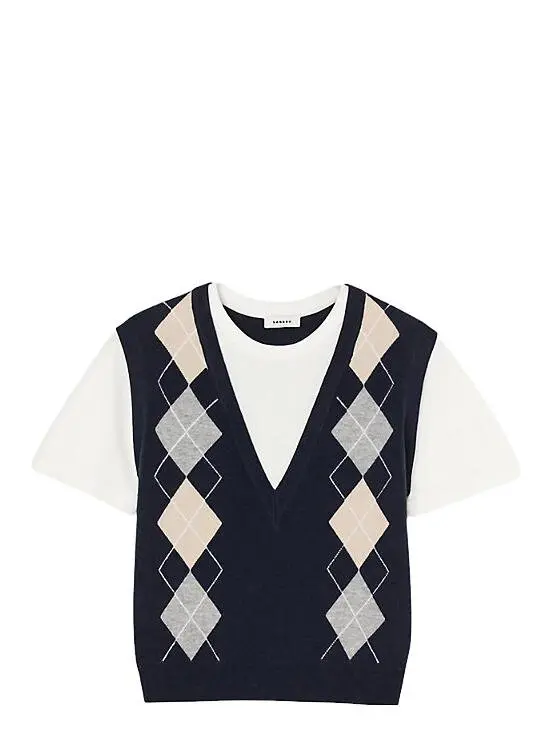 Sandro Argyle Layered Wool And Cashmere-blend Jumper - Navy Blue
