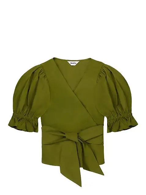 RO&ZO Wrap-front Puff-sleeved Cotton-poplin Top - Khaki