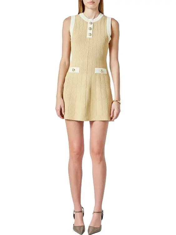 Endless Rose Contrast Detail Sleeveless Mini Sweater Dress - Tan/cream