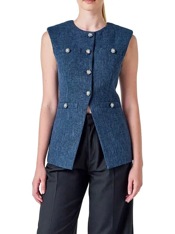 Endless Rose Textured Longline Vest With Button Details - Navy