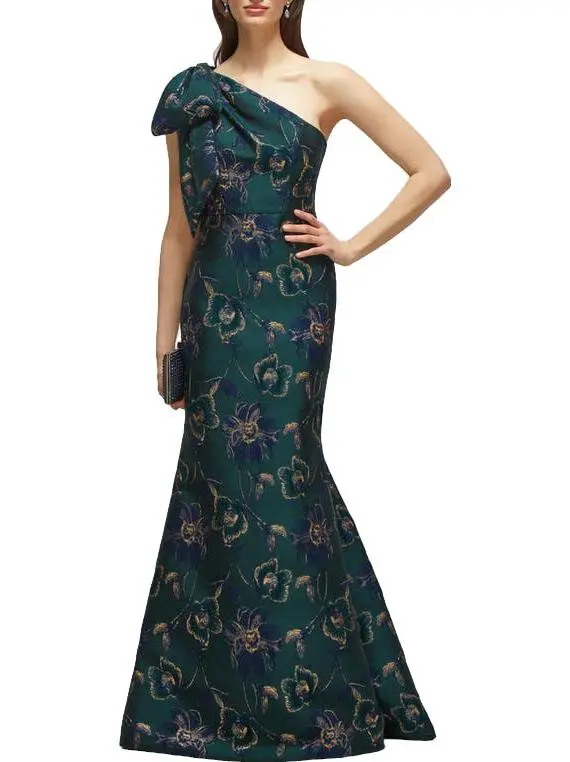 Alfred Sung Metallic Floral Jacquard Gown - Evergreen Floral