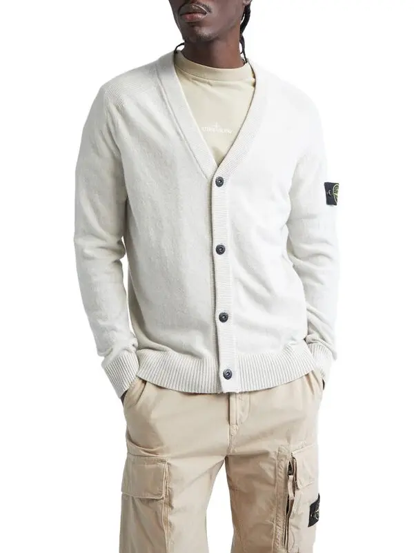 Stone Island Compass Logo Patch Virgin Wool Cardigan - V0m93 Ivory Melange