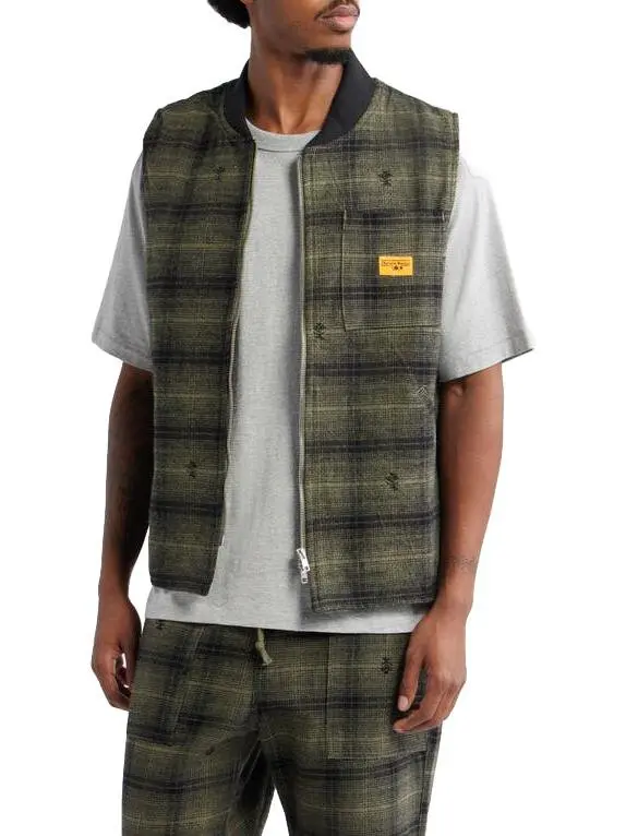 SERVICE WORKS Thistle Plaid Organic Cotton Work Vest - Olive
